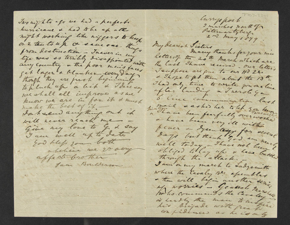 Manuscript letters by Major S Boulderson, 17th (Duke of Cambridge's Own ...