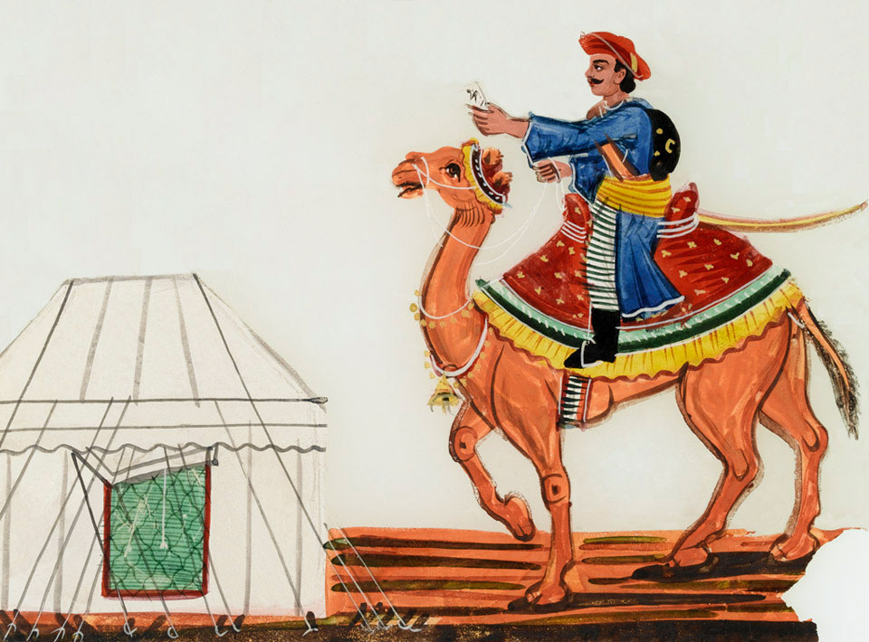 Indian man, armed with sword and shield, mounted on camel, holding a ...