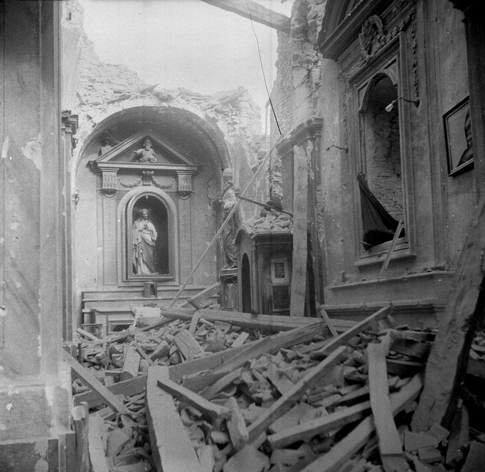 The battle scarred interior of a church in Mozzgrogna, Italy, 1943 ...
