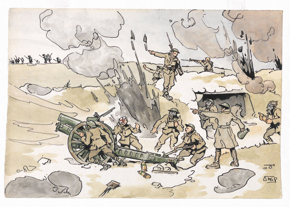 'Running out the flank gun of a 4.5" Howitzer Bty. to escape Boche ...