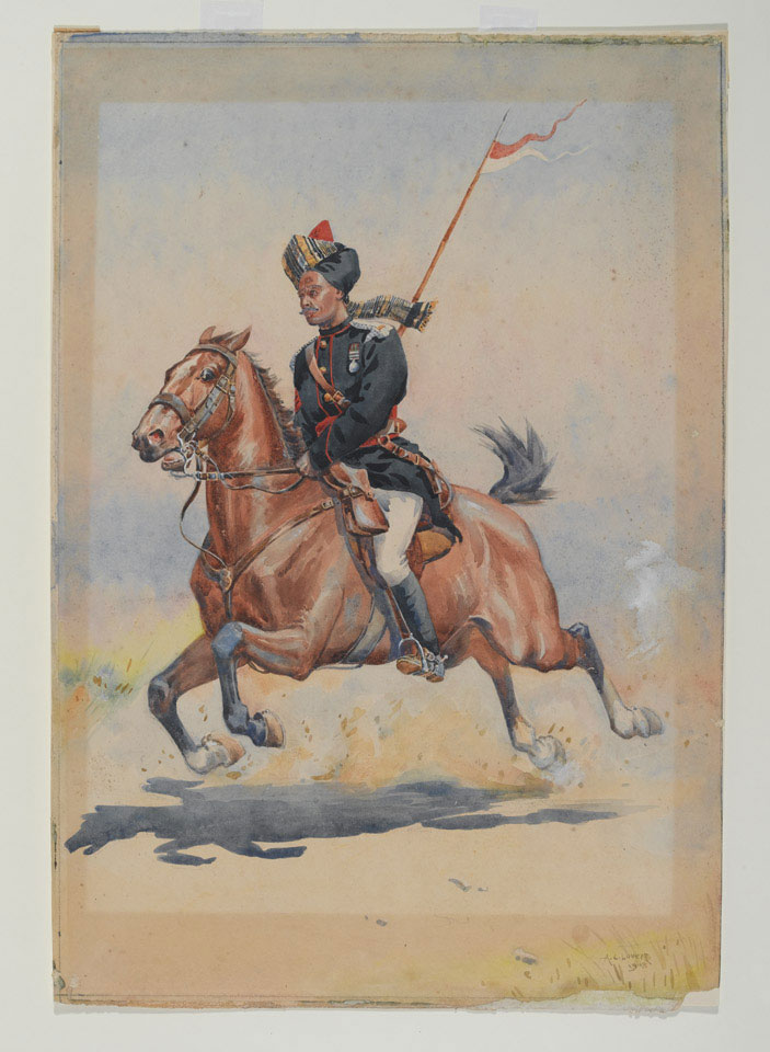 A Jat Sowar of the 6th Cavalry mounted, galloping, with slung lance ...