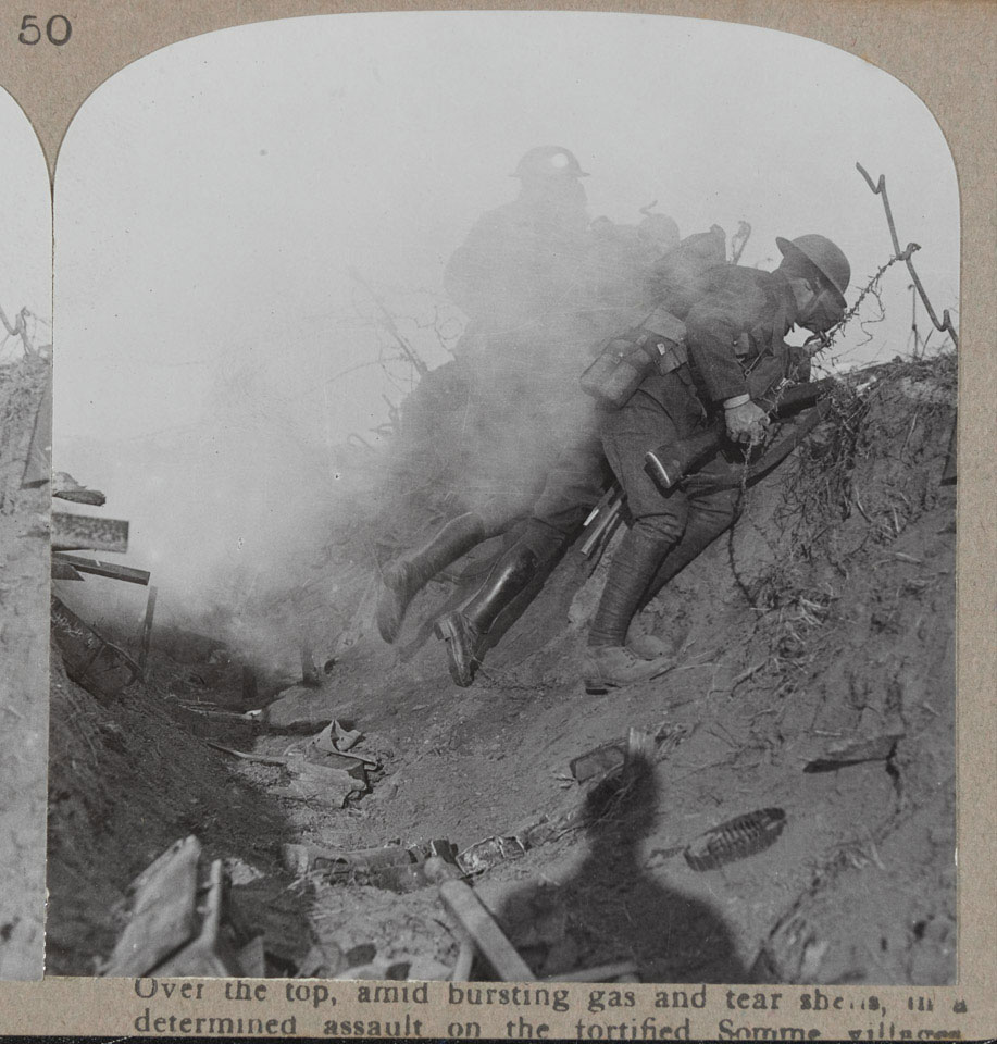 'Over the top, amid bursting gas and tear shells in a determined ...