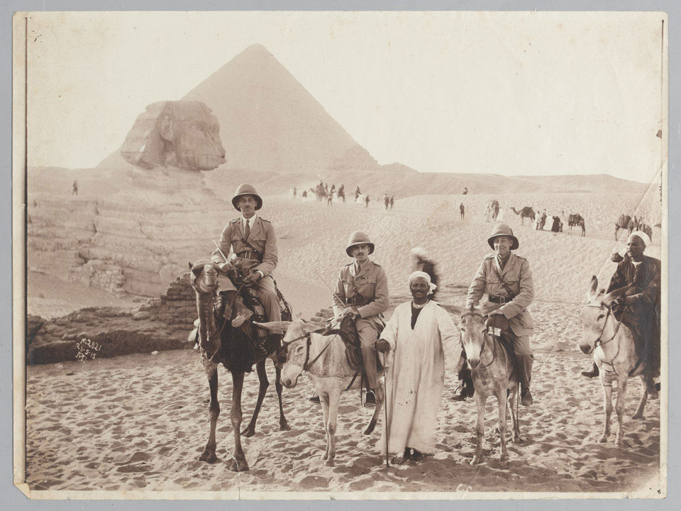 Officers on camels and donkeys in front of the Sphinx and pyramid, 1915 ...