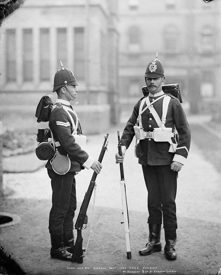 Corporal and Private, Lincolnshire Regiment, glass negative, 1895 (c ...