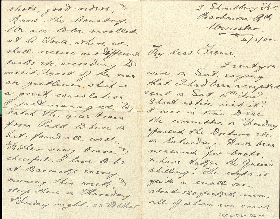 Letter by Stuart Edward Craig, Loch's Horse, to his sister from ...