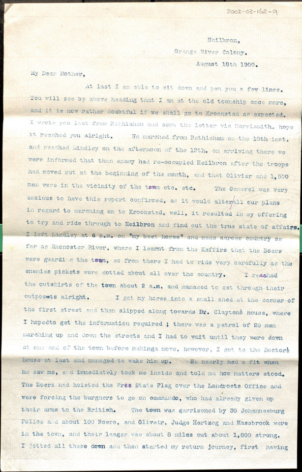 Typescript transcript of a letter by Stuart Edward Craig to his mother ...