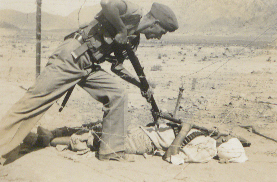 Staged scene of combat with a British soldier bayoneting a North West ...
