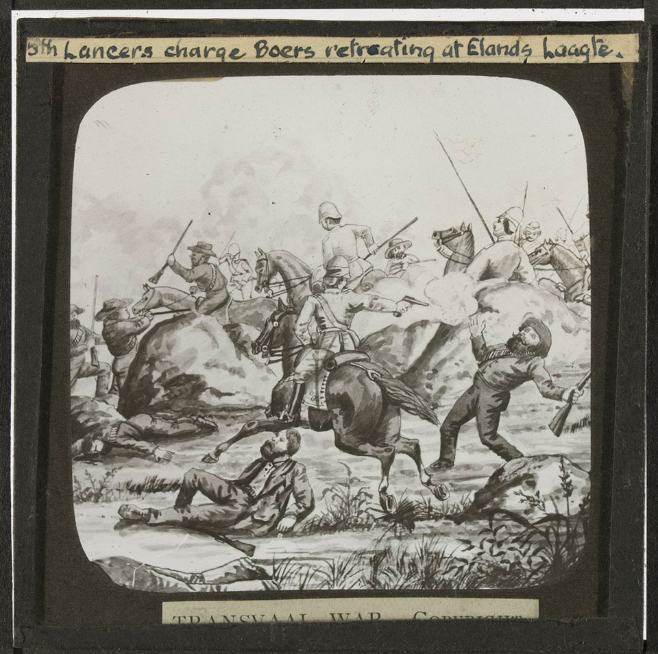 '5th Lancers charge Boers retreating at Elands Laagte.', lantern slide ...
