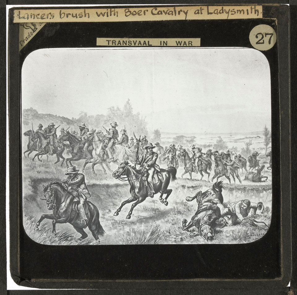 'Lancers brush with Boer Cavalry at Ladysmith', lantern slide, 1899 ...