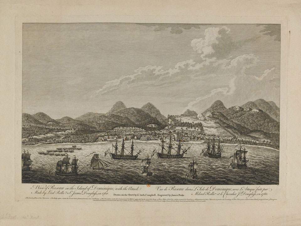View of Roseau in the island of Dominique, with the attack made by Lord ...