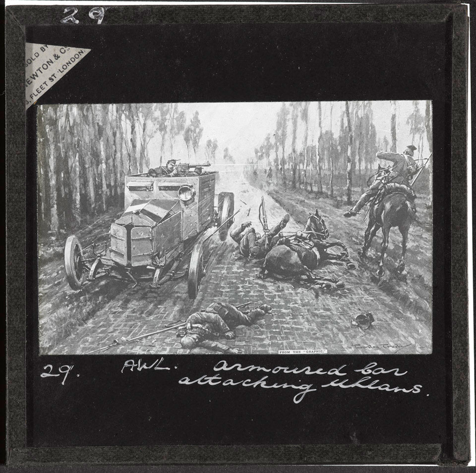 'Armoured car attacking uhlans', lantern slide, 1914 (c) | Online ...