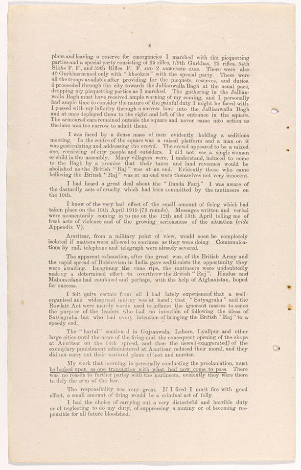 Printed statement by Brigadier General Reginald Edward Henry Dyer ...
