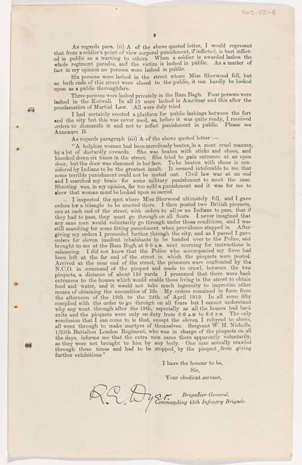 Printed statement by Brigadier General Reginald Edward Henry Dyer ...