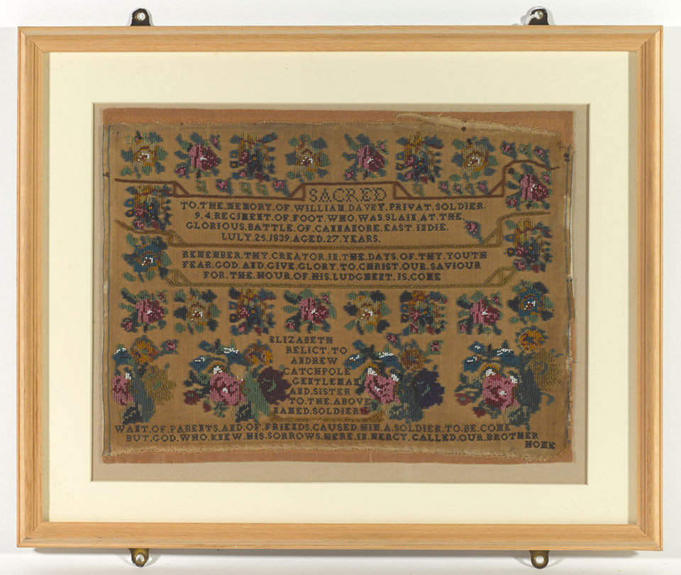 Beadwork and cross-stitch sampler by Elizabeth Catchpole, in memory of ...