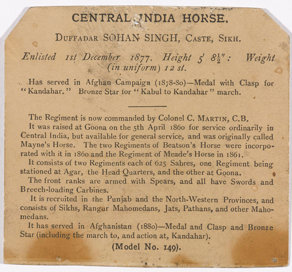 Daffadar Sohan Singh, 1st Central India Horse, 1887 (c) | Online Collection | National Army ...