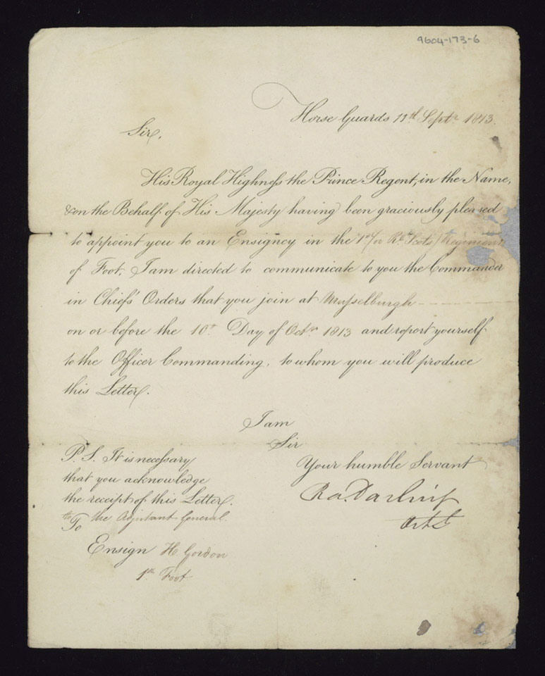 Letter from Horse Guards instructing Hugh Gordon to join his unit at ...