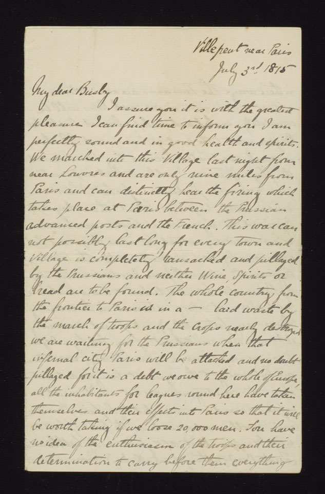 Letter written by Major Willliam Turner, 13th (Light) Dragoons, 3 July ...