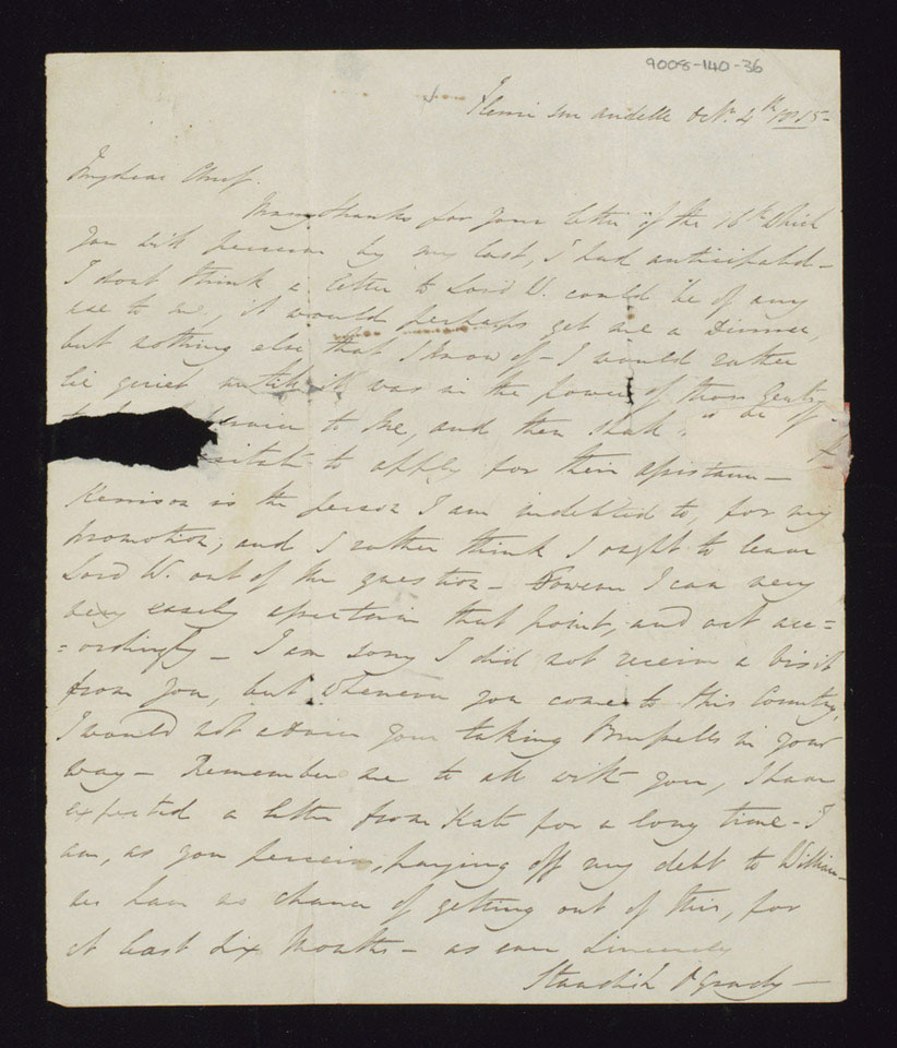 Letter from Captain Standish O'Grady to his father the 1st Viscount ...