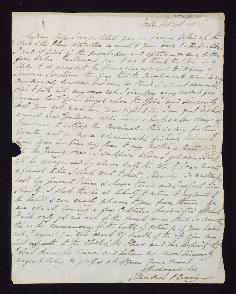 Letter from Lieutenant Standish O'Grady to his father the 1st Viscount ...