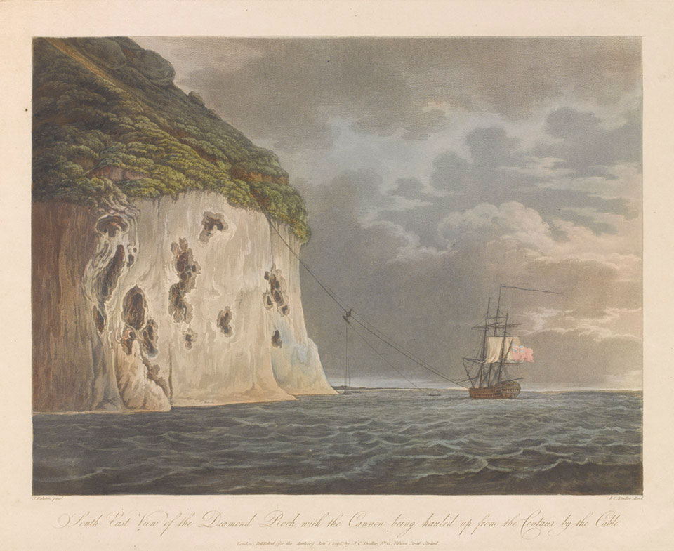 'South East View of the Diamond Rock, with the Cannon being hauled up ...