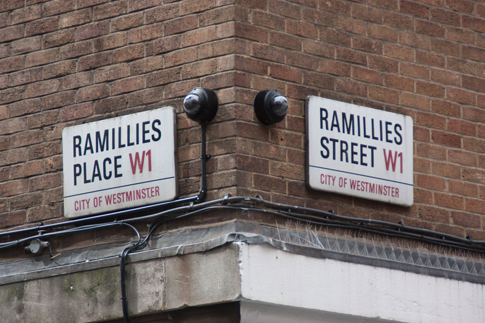 Ramillies Street and Ramillies Place street signs, Westminster, London ...