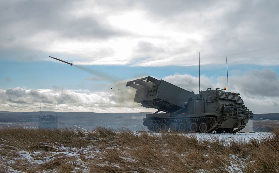 Multi Launch Rocket System firing training rocket, Otterburn Training ...