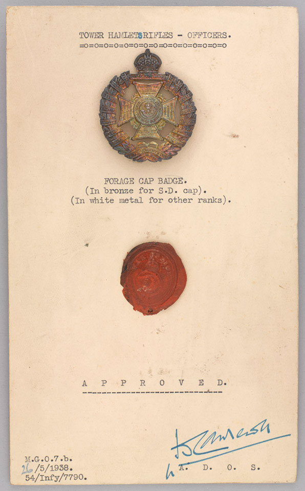 Forage cap badge, officer, Tower Hamlets Rifles, The Rifle Brigade ...