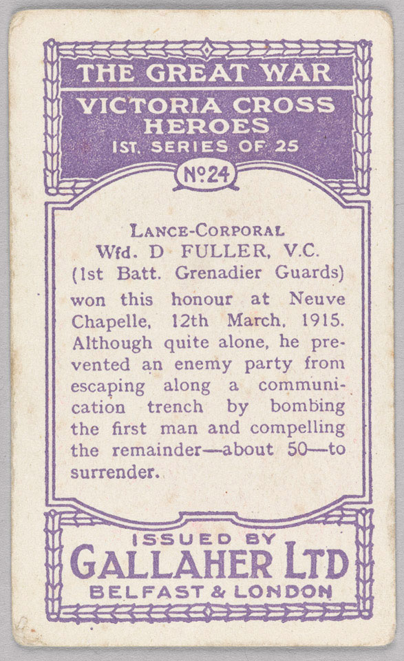 'L.-Corpl. Wfd. D. Fuller, V.C.', cigarette card, 1915 | Online ...