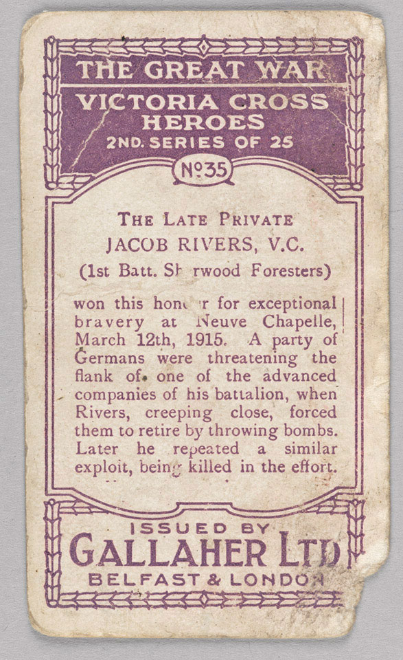 'The late Pte. Jacob Rivers, VC', cigarette card, 1915 | Online ...