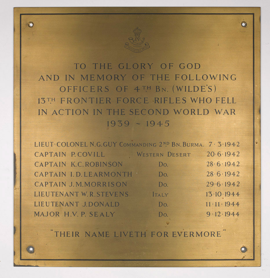 Commemorative plaque, 4th Battalion (Wilde's) 13th Frontier Force ...