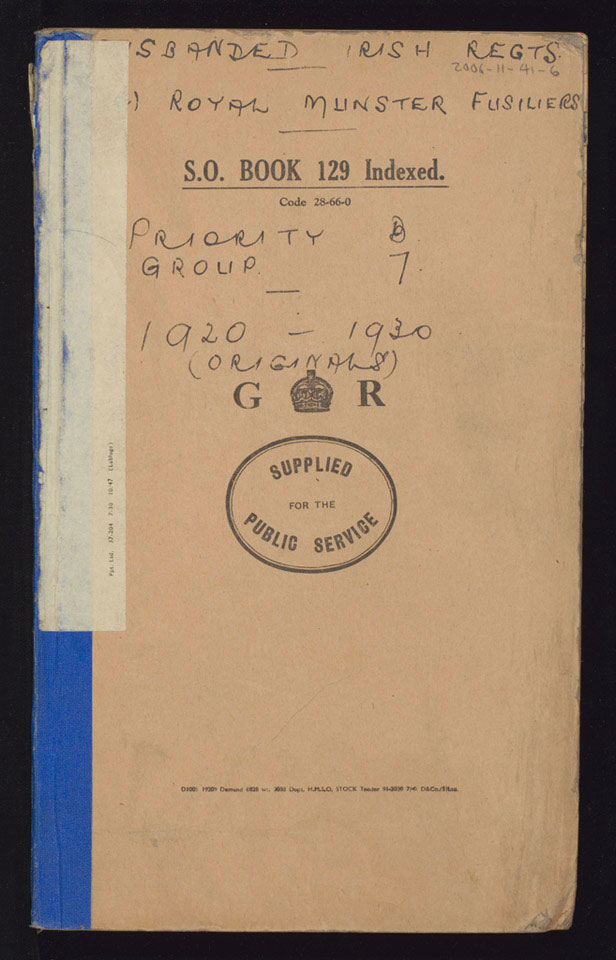 Discharge book, Royal Munster Fusiliers: Priority B Group 7, 1920-1930 ...