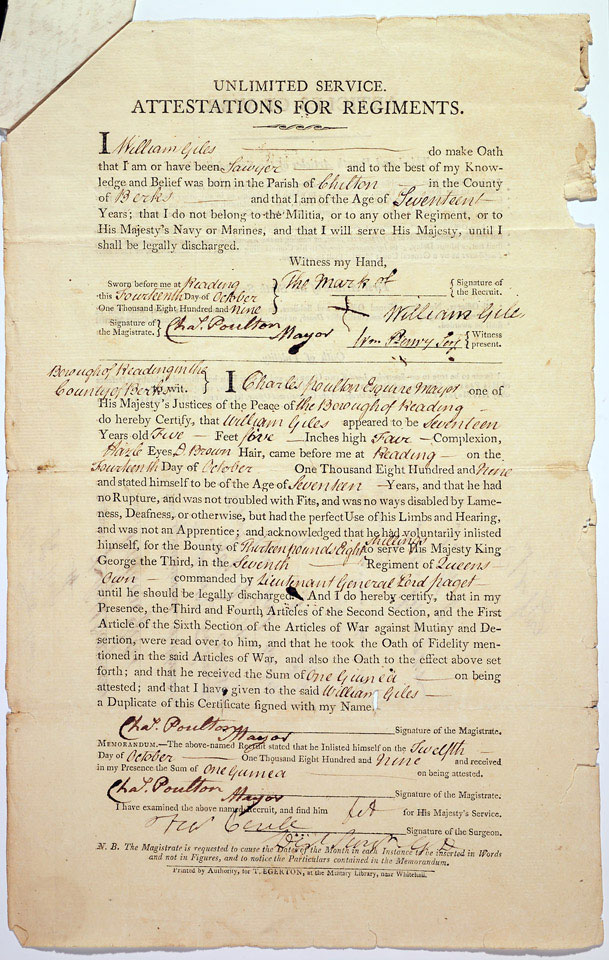 Attestation form of William Giles, 7th (or The Queen's Own) Regiment of ...