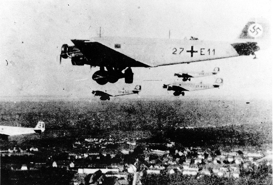 German Junkers 52 aircraft taking part in the airborne invasion of ...