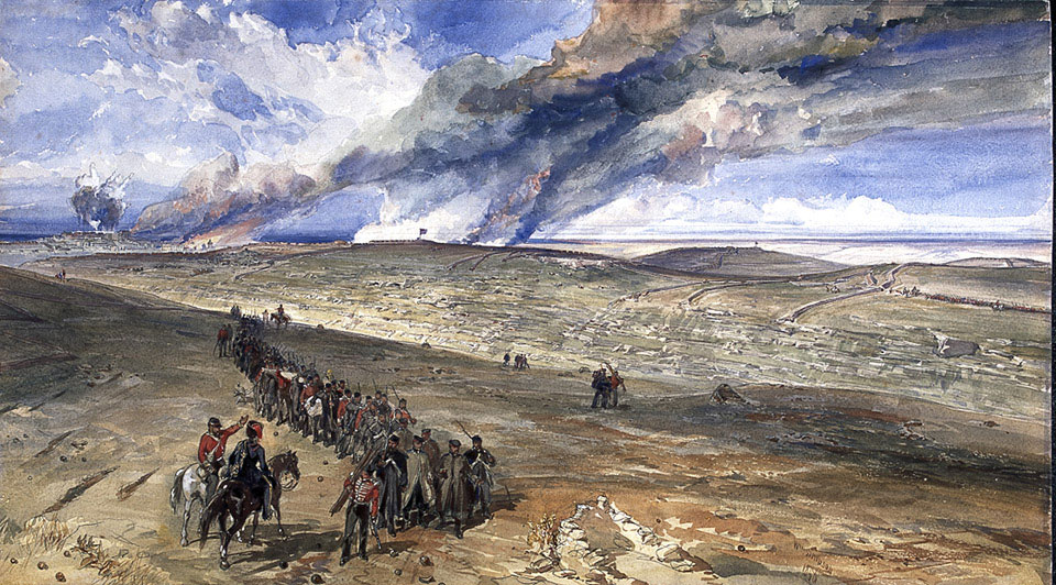 Redan and Advanced trenches of British Right Attack, Sebastopol burning ...